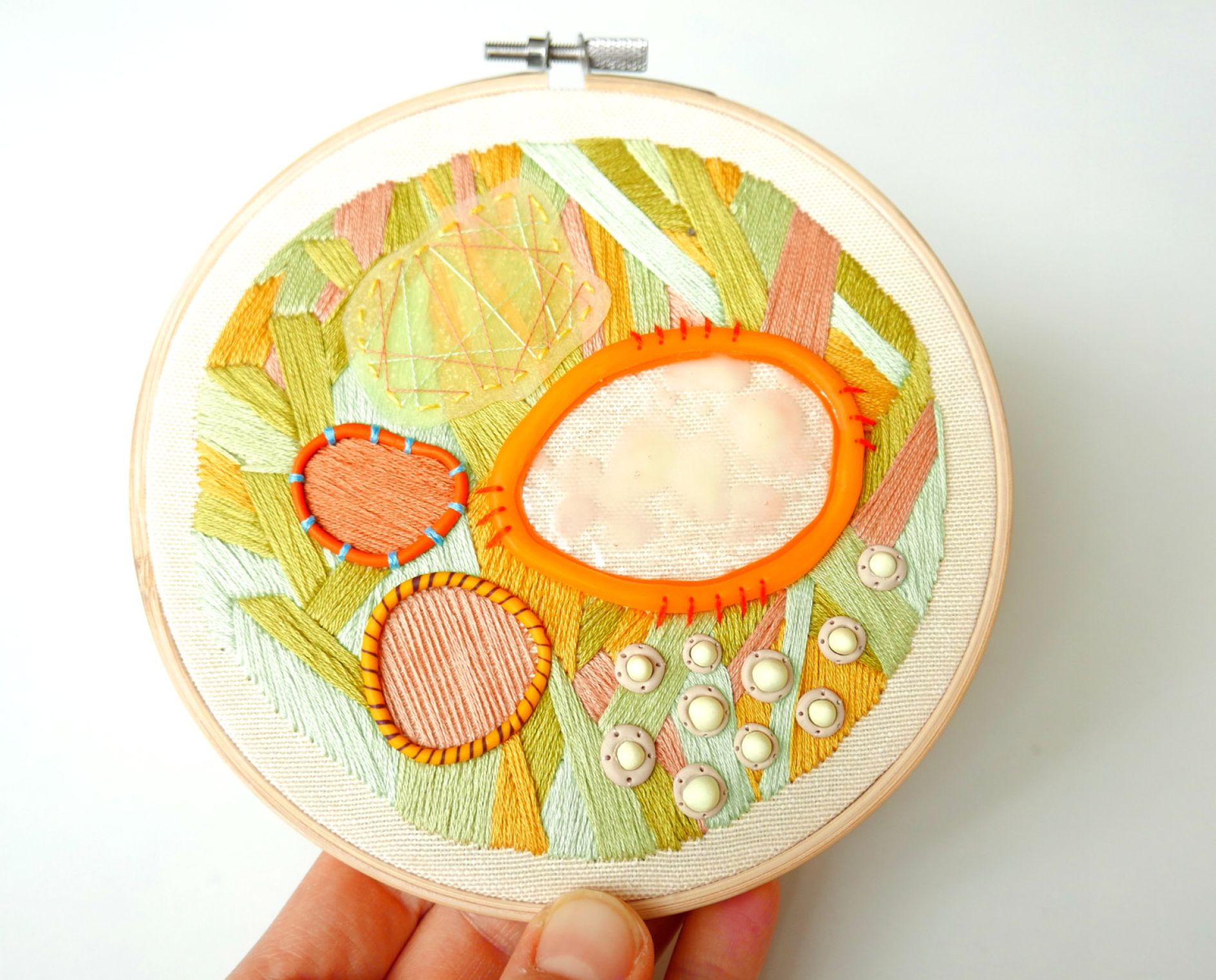 Out of this world embroidery hoop art with combined polymer clay ...
