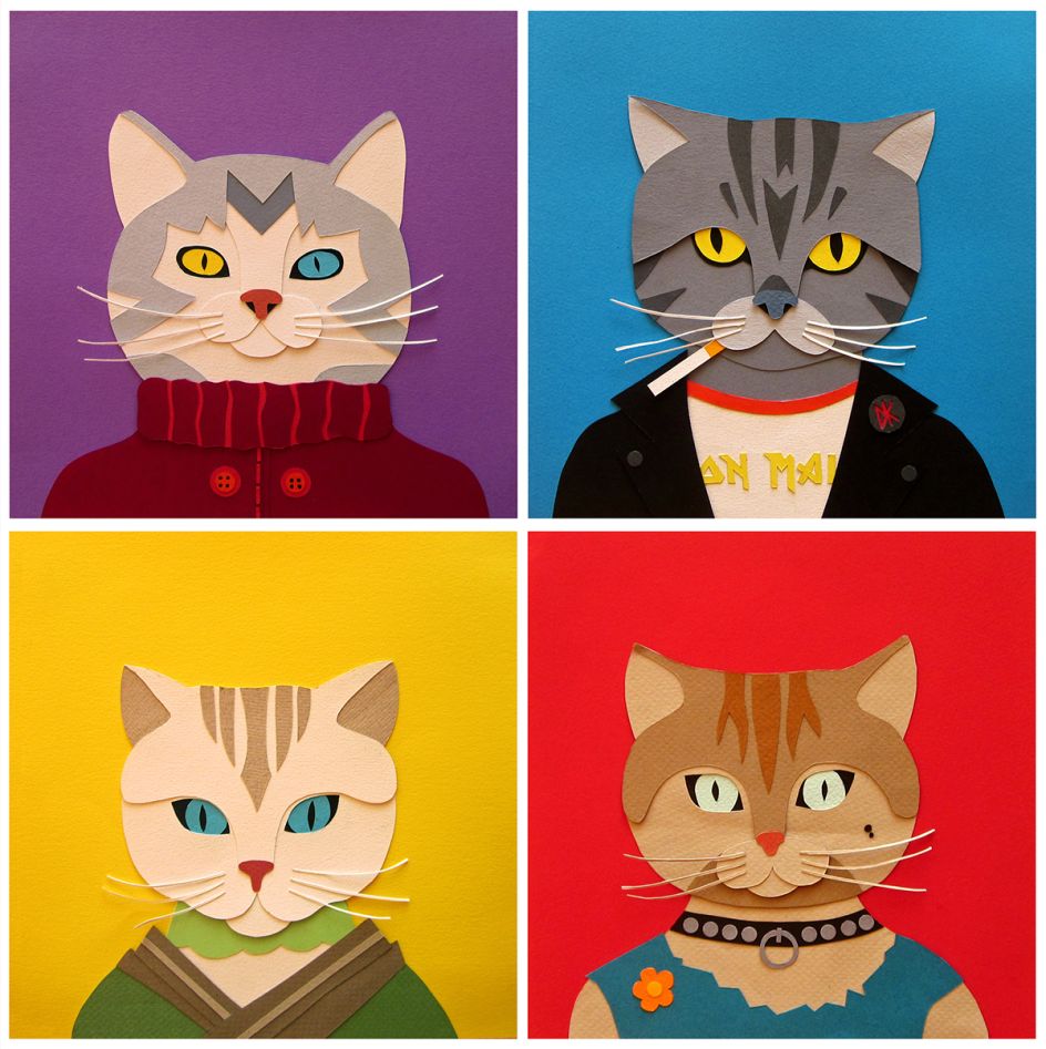 Cool Cats: Colourful, handmade paper collages exemplify feline fashion ...