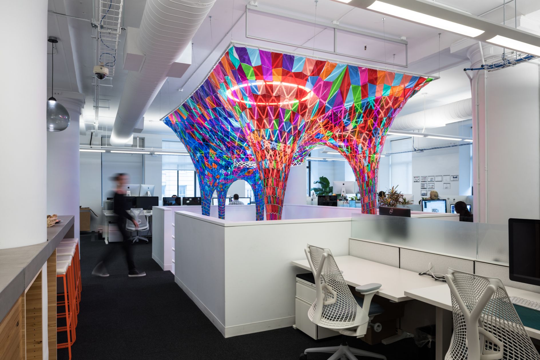 Stain glass art installation that hangs through two floors of Behance's ...