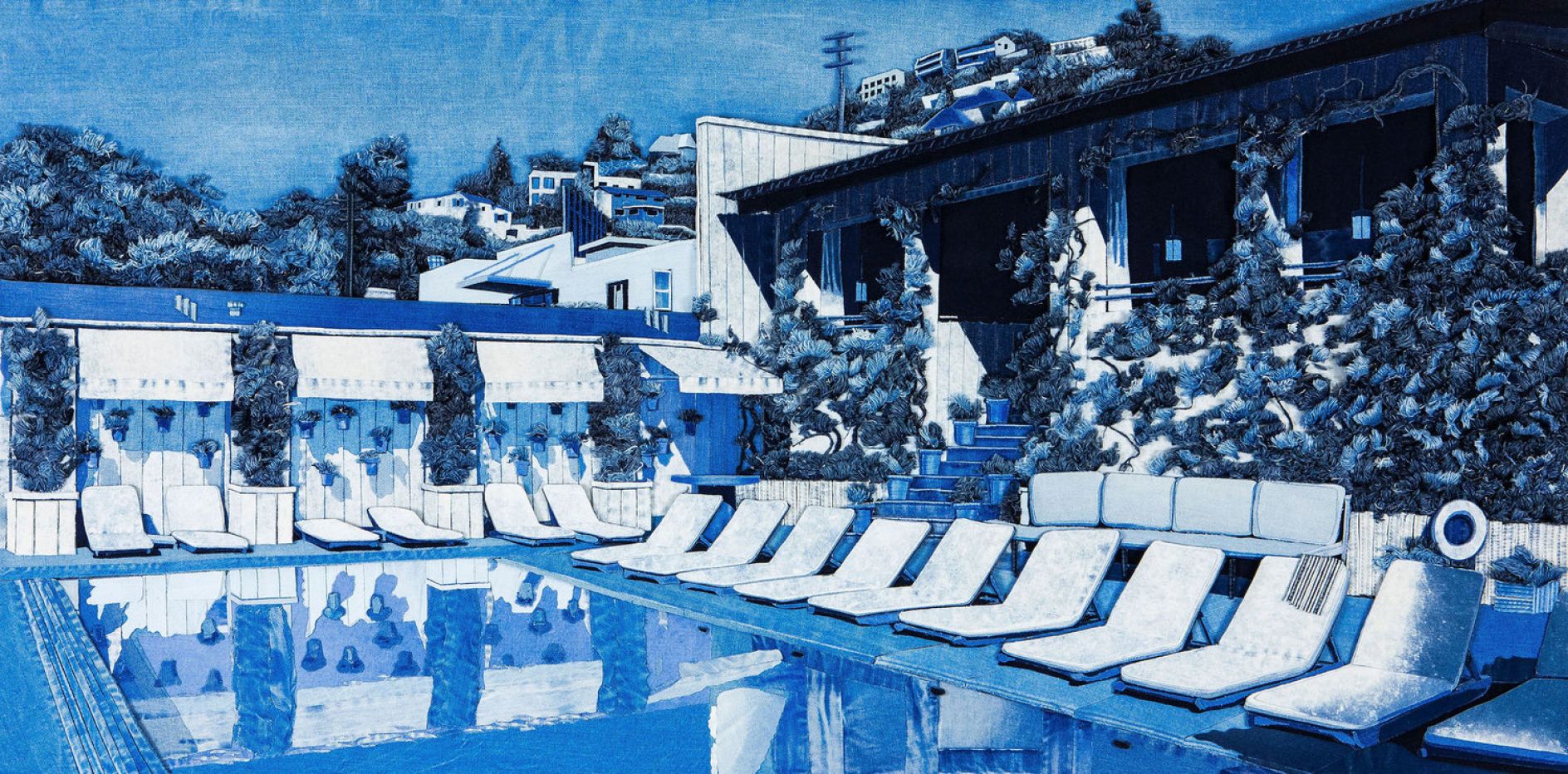 Moody blue paintings of hotel swimming pools in California made ...