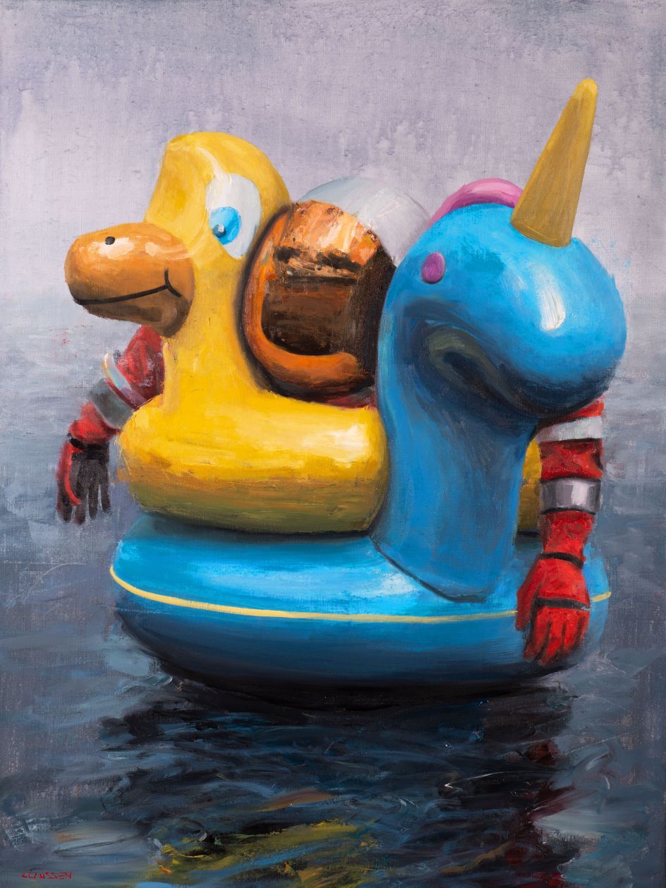 Paintings by Andreas Claussen of a lonely astronaut wandering a flooded ...