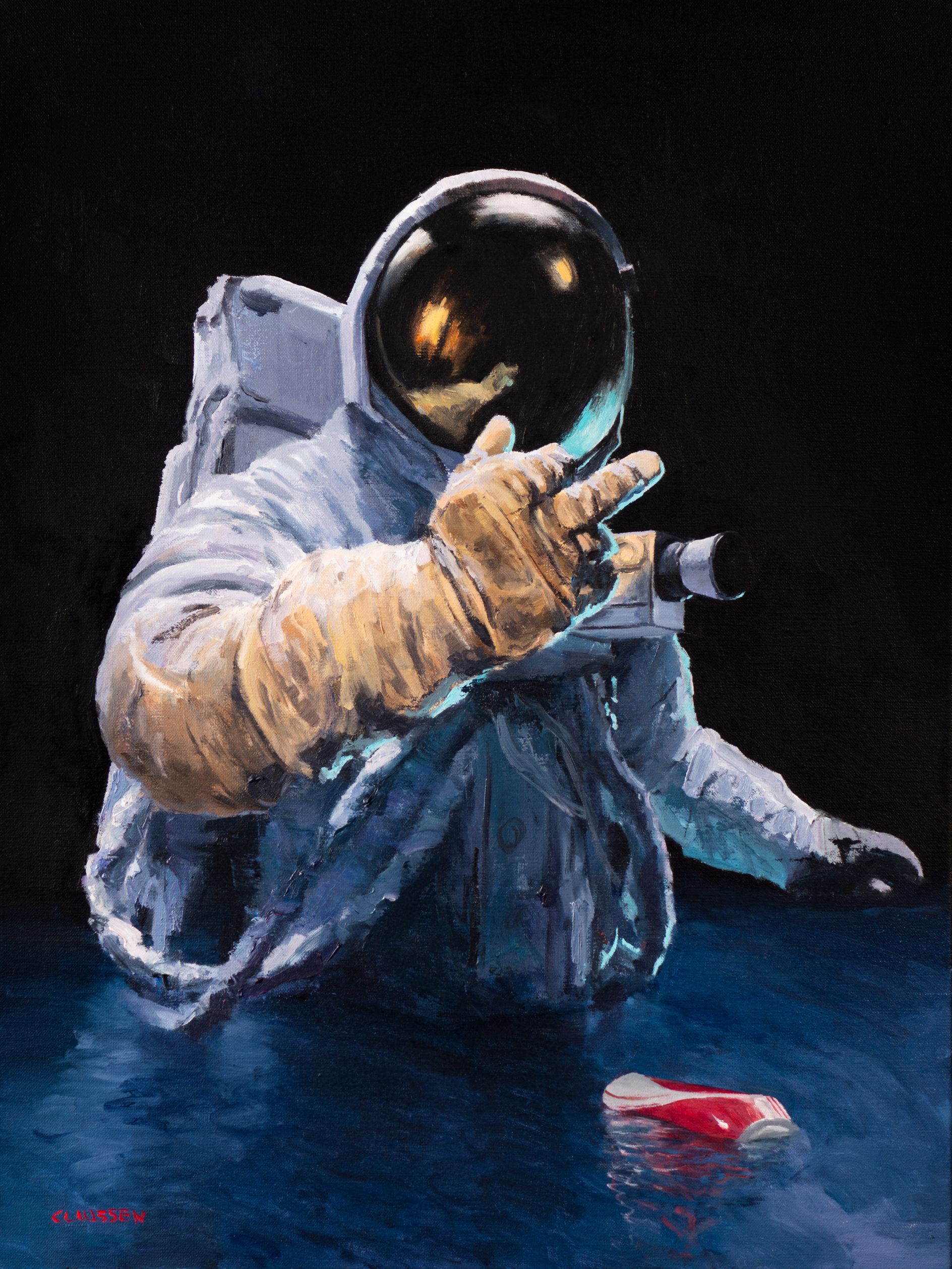 Paintings by Andreas Claussen of a lonely astronaut wandering a flooded ...