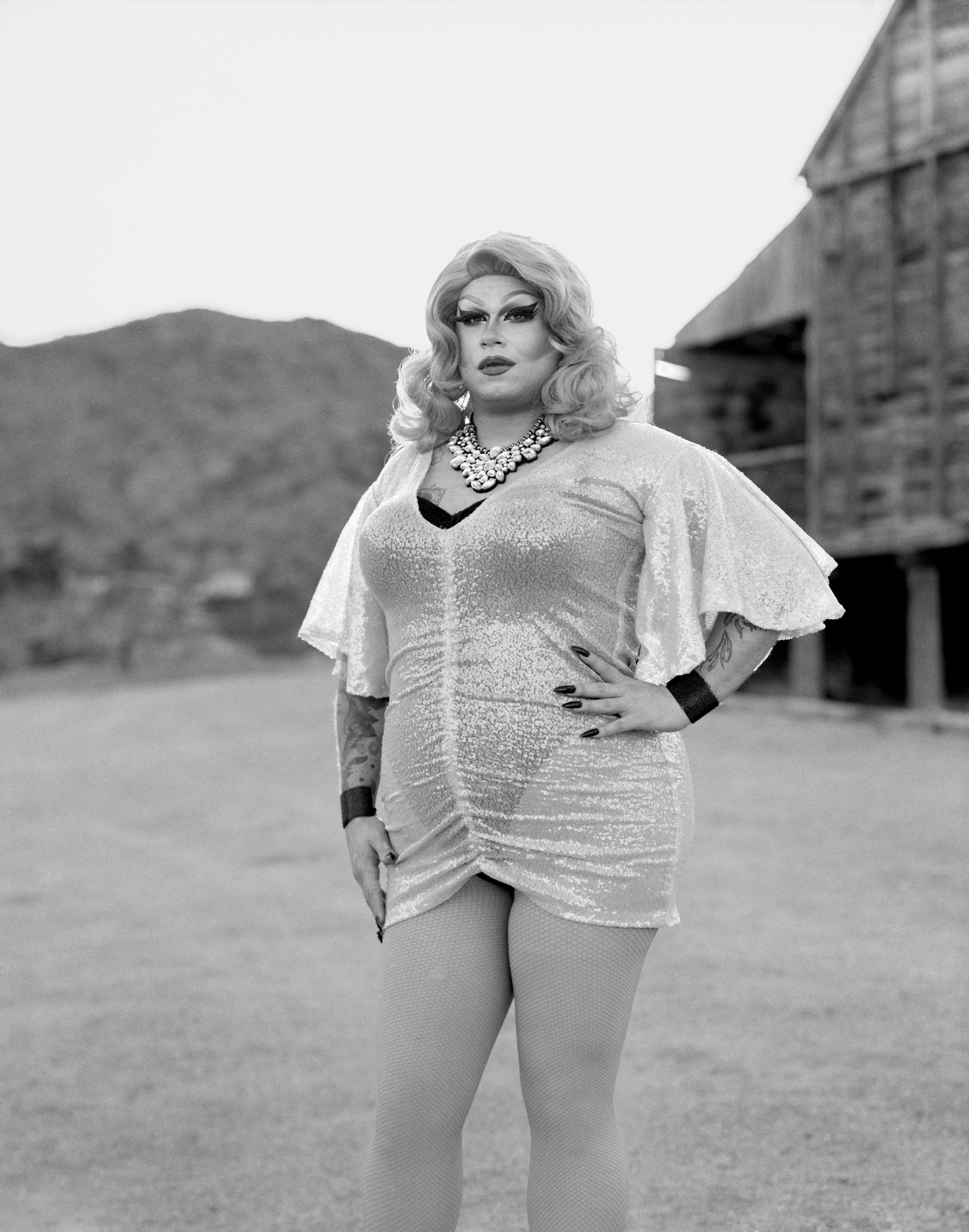 Black and white photographs by Jane Hilton of the 'Drag Queen Cowboys ...
