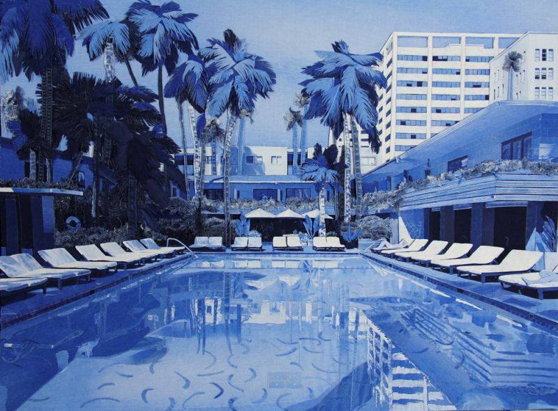 Moody blue paintings of hotel swimming pools in California made ...