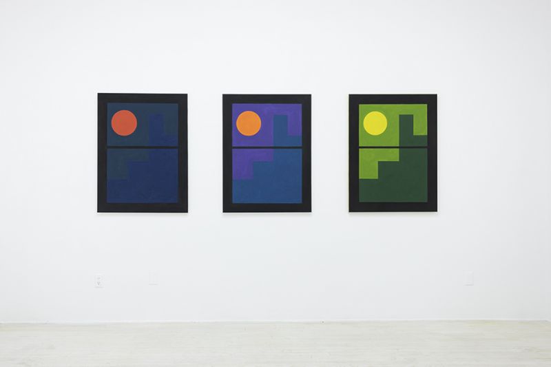 Geometric paintings of a window looking out onto New York City that ...