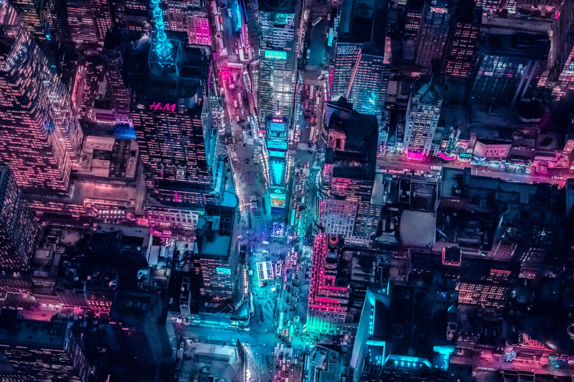 Neon photographs of Times Square shot from above show a futuristic NYC ...