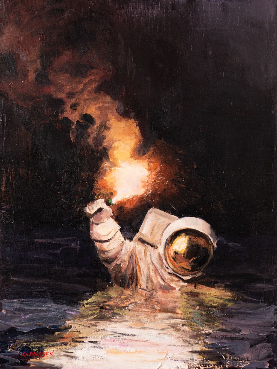 Paintings by Andreas Claussen of a lonely astronaut wandering a flooded ...