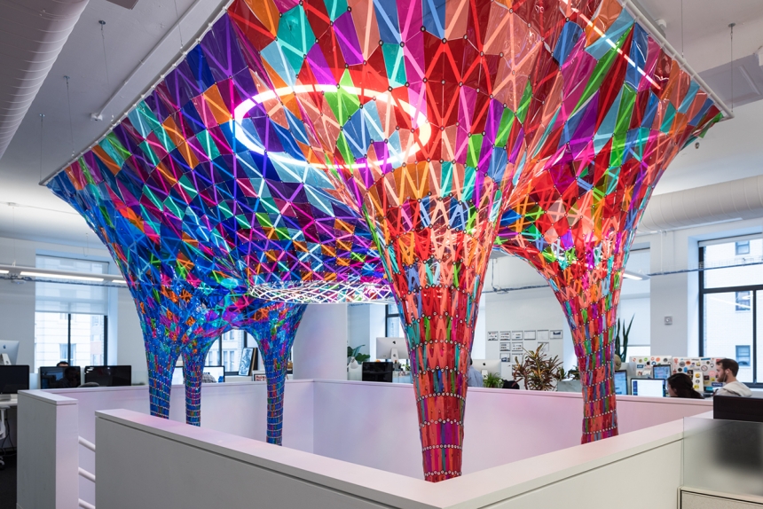 Stain glass art installation that hangs through two floors of Behance's ...