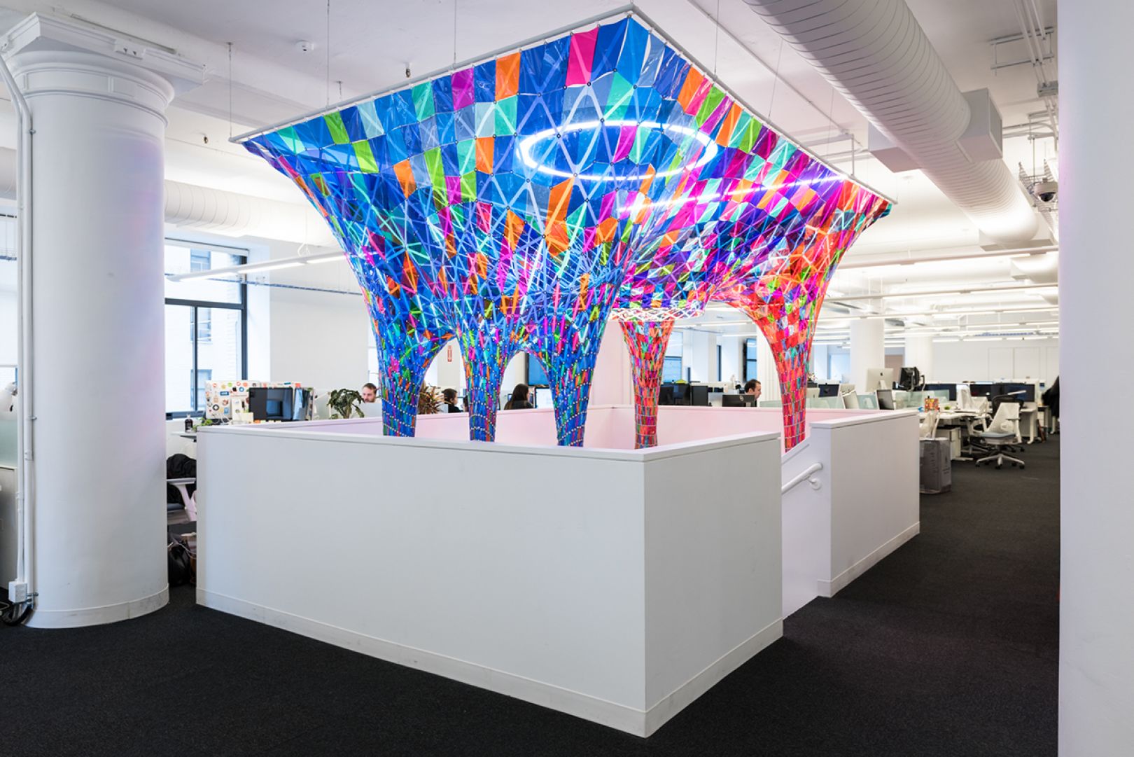 Stain glass art installation that hangs through two floors of Behance's ...