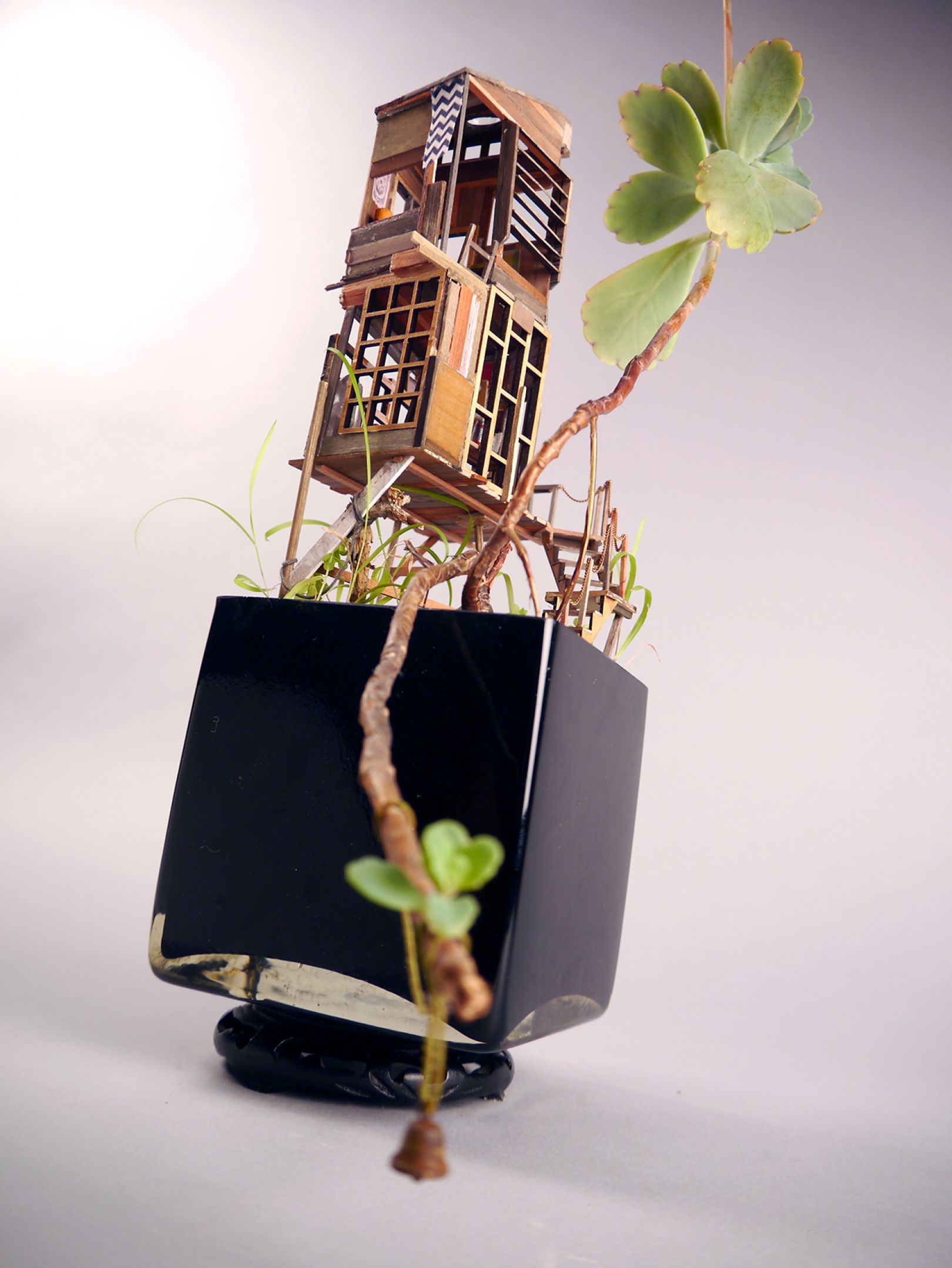Artist crafts miniature treehouse sculptures to sit within ordinary ...