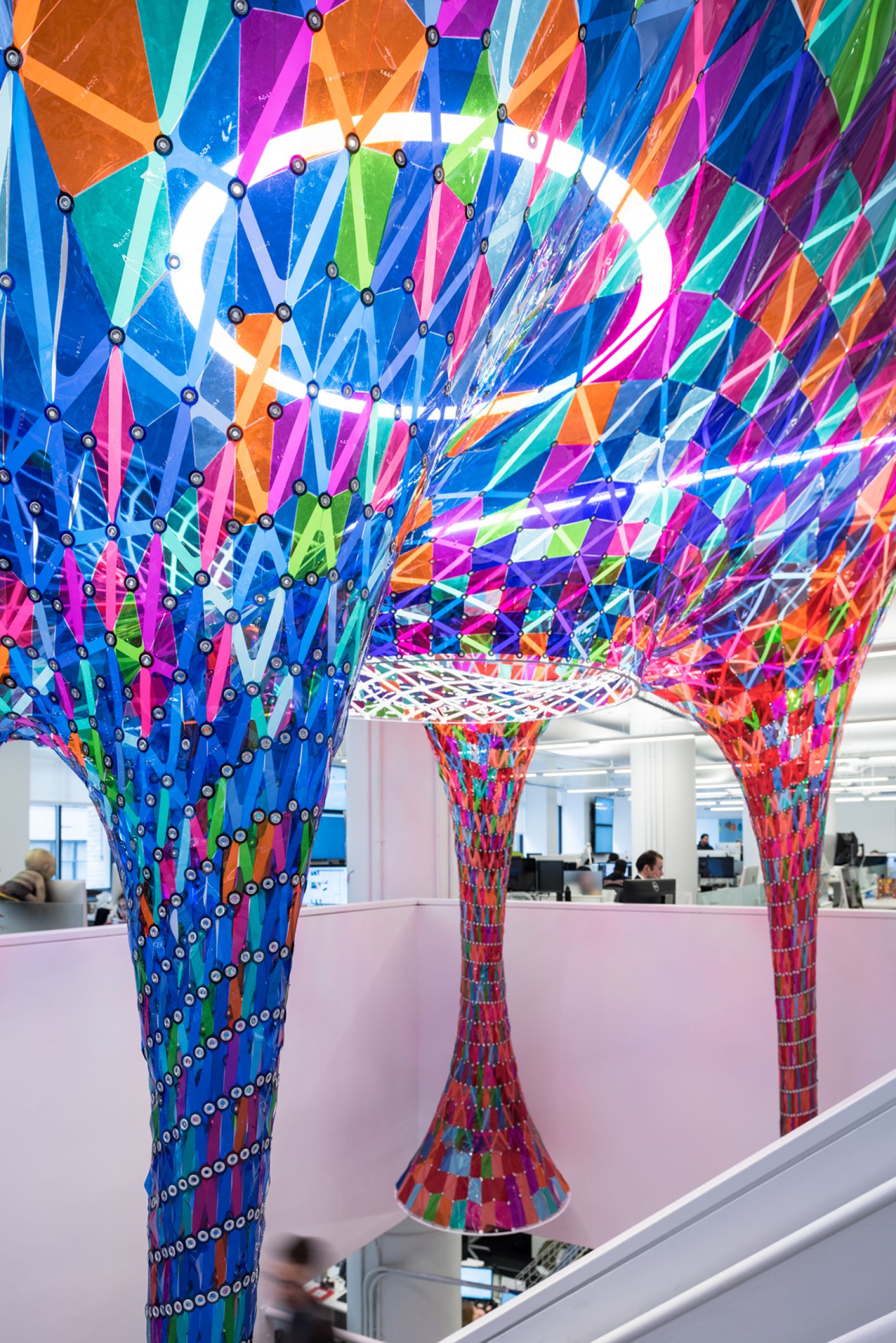 Stain glass art installation that hangs through two floors of Behance's ...